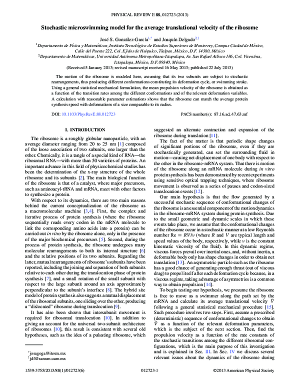 (PDF) Stochastic microswimming model for the average translational velocity of the ribosome