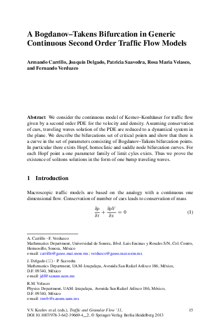 Pdf A Bogdanov Takens Bifurcation In Generic Continuous Second Order Traffic Flow Models