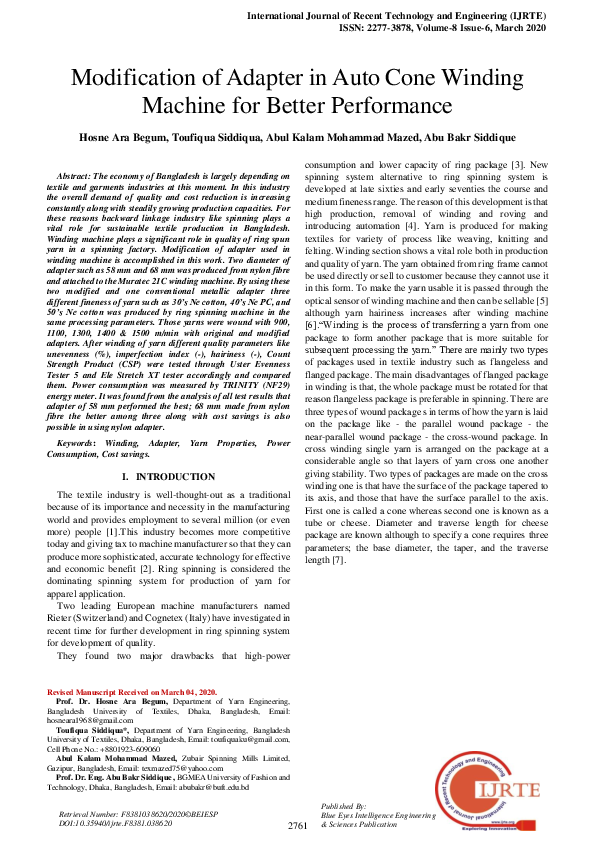 (PDF) Modification of Adapter in Auto Cone Winding Machine for Better ...
