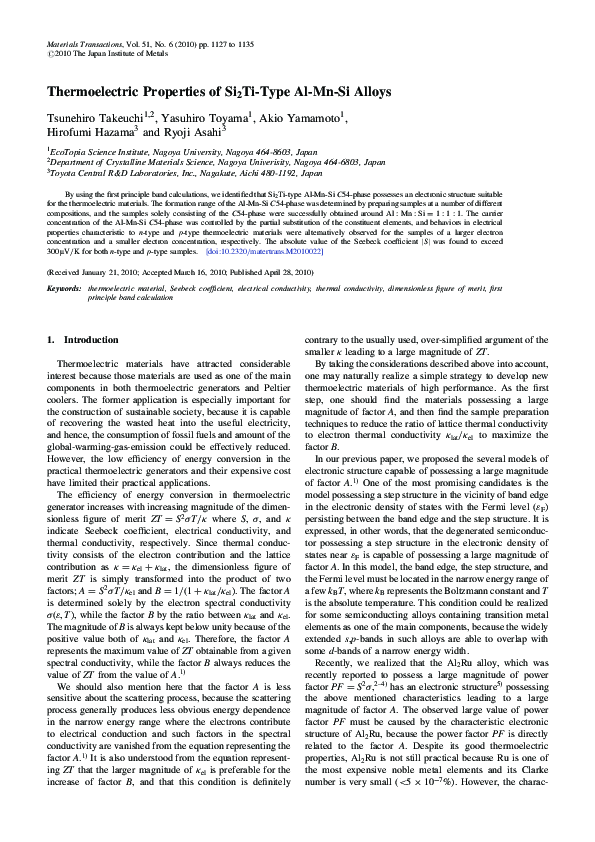 (PDF) Thermoelectric Properties of Si2Ti-Type Al-Mn-Si Alloys