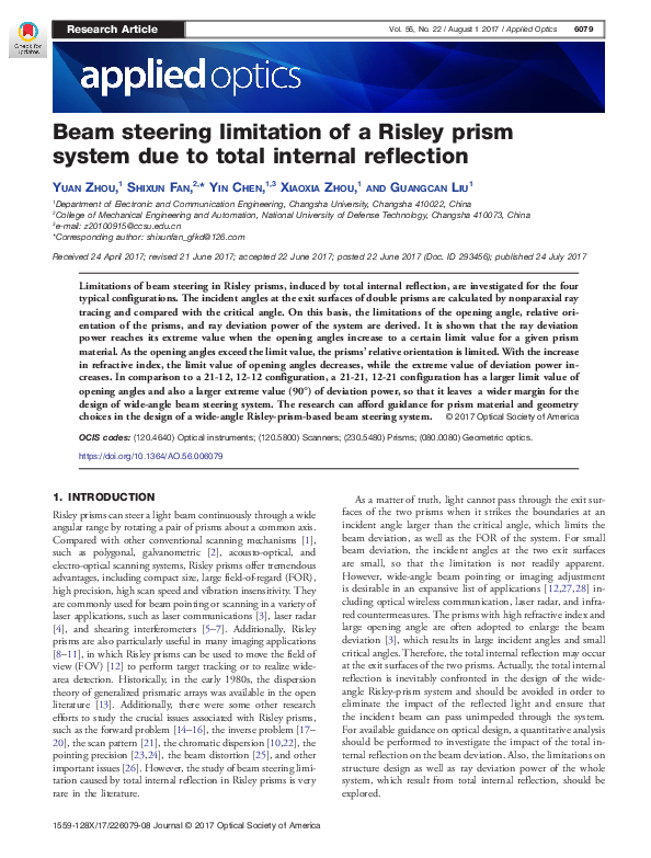 (PDF) Beam steering limitation of a Risley prism system due to total ...