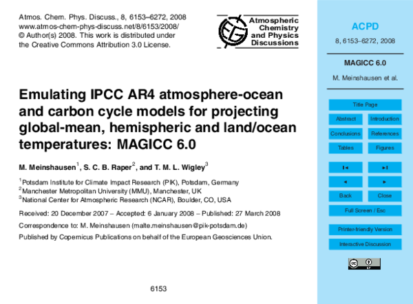 (PDF) Emulating IPCC AR4 atmosphere-ocean and carbon cycle models for ...