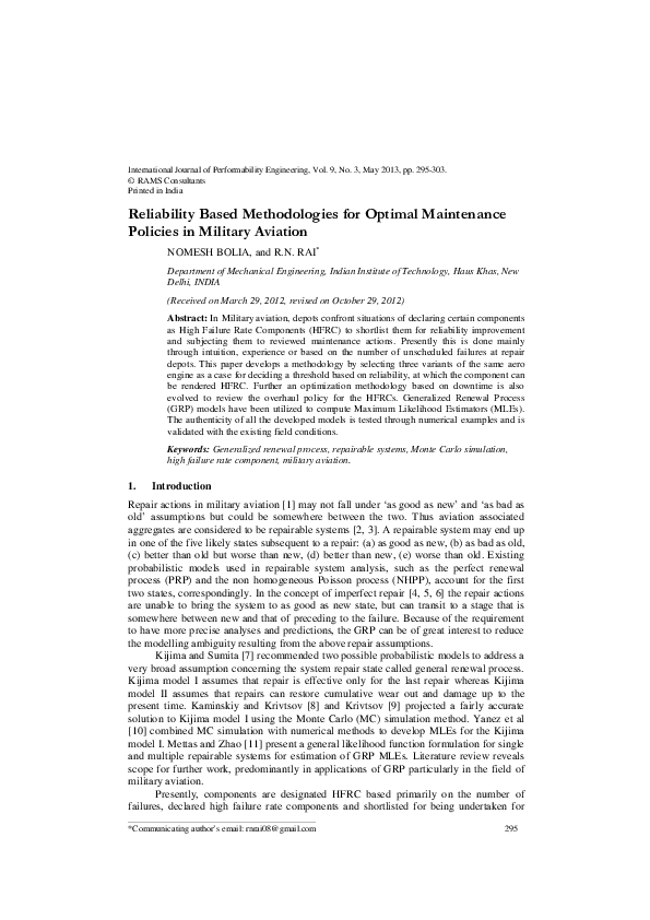 (PDF) Reliability Based Methodologies for Optimal Maintenance Policies ...