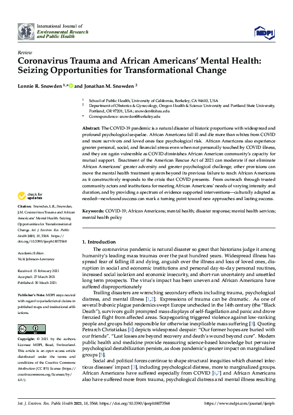 (PDF) Coronavirus Trauma and African Americans’ Mental Health: Seizing ...