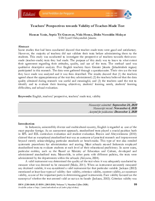 (PDF) Teachers' Perspectives towards Validity of Teacher-Made Test