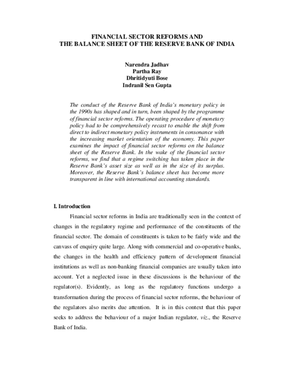 (PDF) Financial Sector Reforms and the Balance Sheet of the Reserve ...