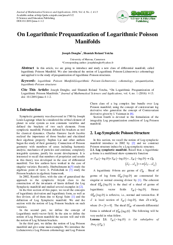 (PDF) On Logarithmic Prequantization of Logarithmic Poisson Manifolds