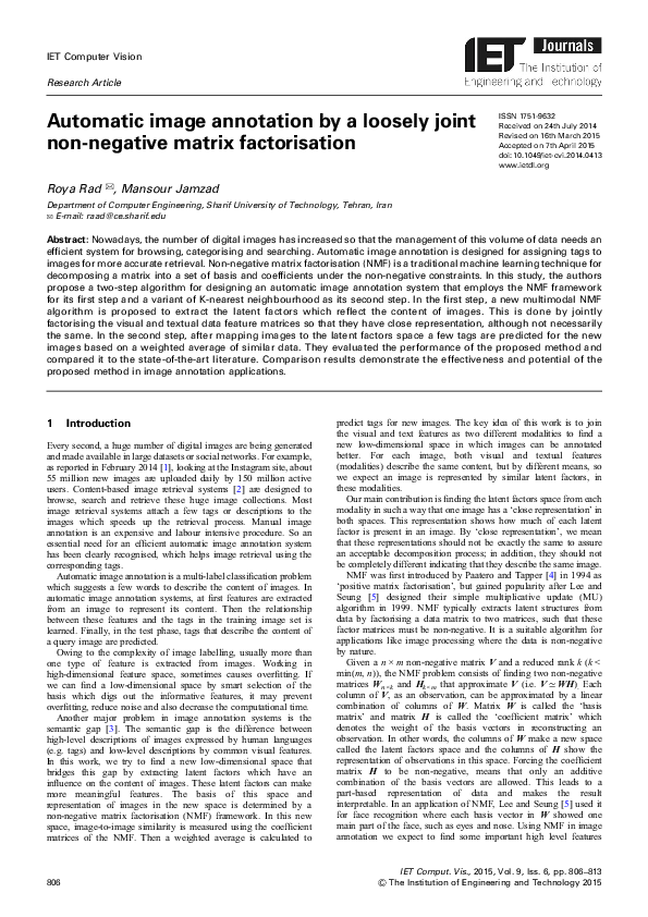 Pdf Automatic Image Annotation By A Loosely Joint Non‐negative Matrix Factorisation