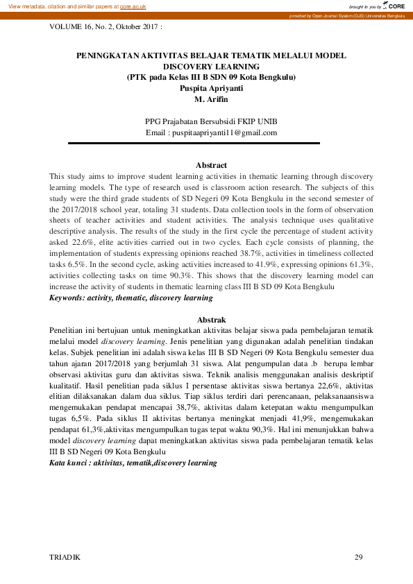 (PDF) PENINGKATAN AKTIVITAS BELAJAR TEMATIK MELALUI MODEL DISCOVERY LEARNING (PTK pada Kelas III ...