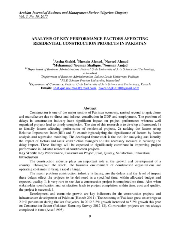 (PDF) Analysis of Key Performance Factors Affecting Residential Construction Projects in Pakistan
