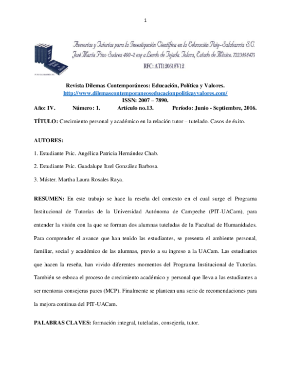 (PDF) Crecimiento personal y académico en la relación tutor – tutelado. Casos de éxito
