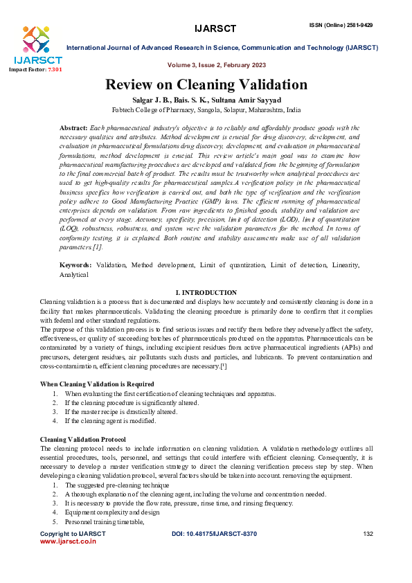 (PDF) Review on Cleaning Validation