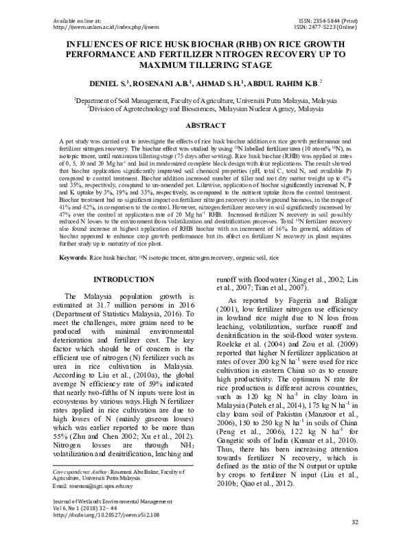 (PDF) Infuences of Rice Husk Biochar (RHB) on Rice Growth Performance and Fertilizer Nitrogen ...