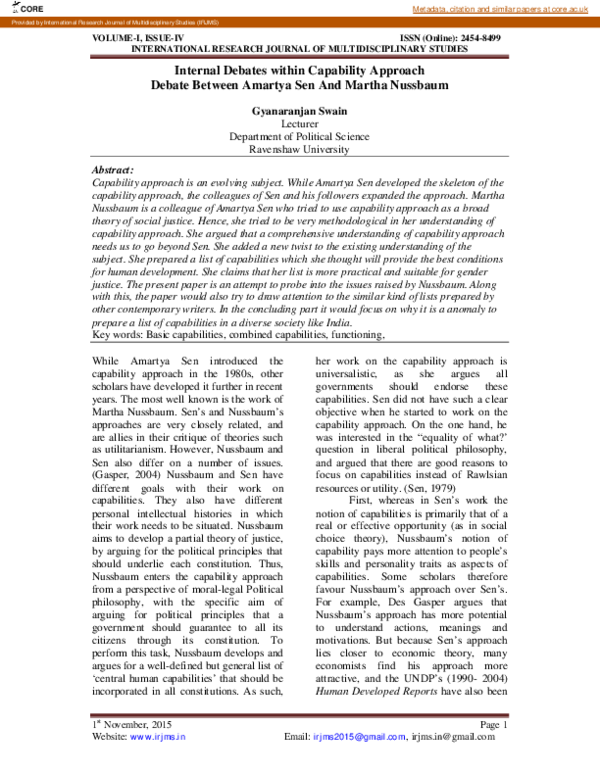 (PDF) Internal Debates within Capability Approach Debate Between ...