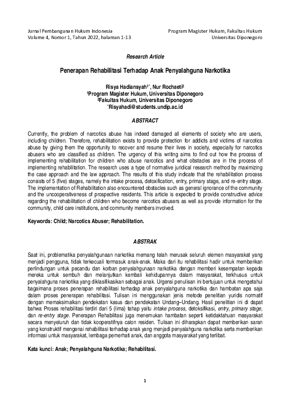 (PDF) Penerapan Rehabilitasi Terhadap Anak Penyalahguna Narkotika
