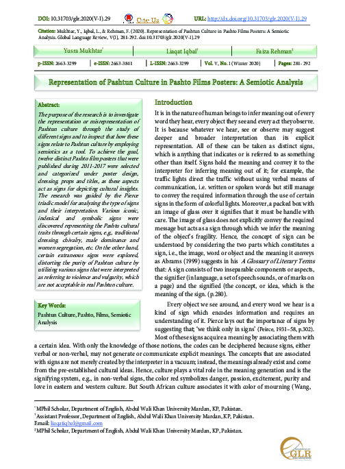 Pdf Representation Of Pashtun Culture In Pashto Films Posters A Semiotic Analysis