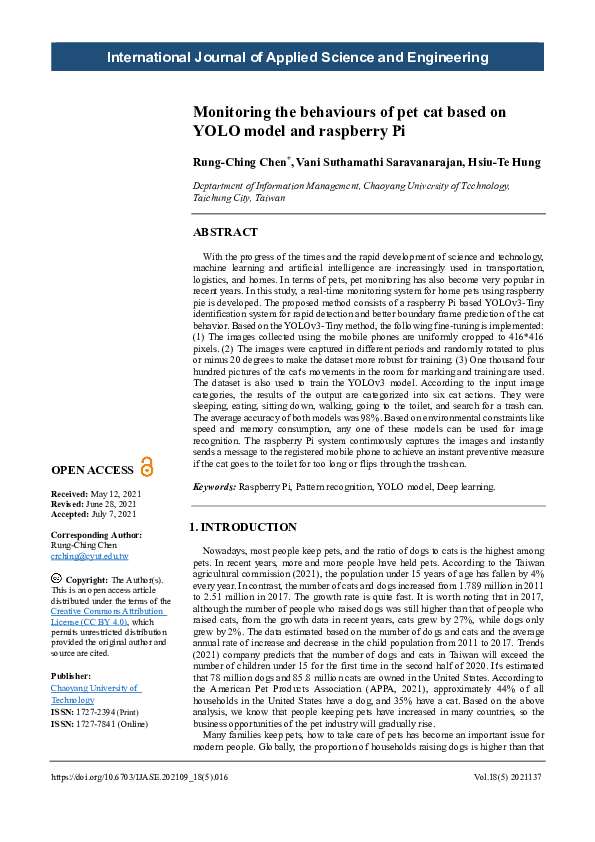 (PDF) Monitoring the behaviours of pet cat based on YOLO model and ...