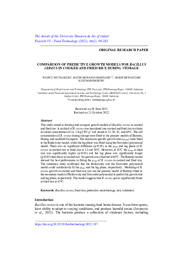 (PDF) Comparison of predictive growth models for Bacillus cereus in ...
