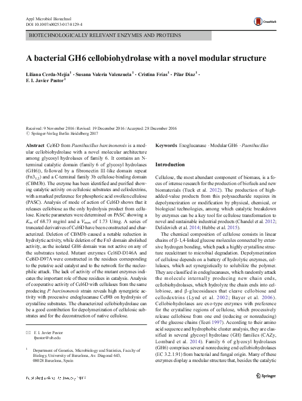 (PDF) A bacterial GH6 cellobiohydrolase with a novel modular structure