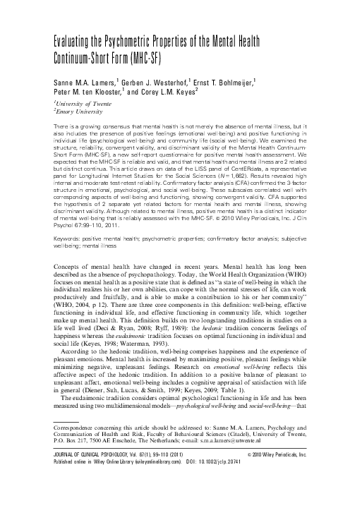 (PDF) Evaluating the psychometric properties of the mental health ...