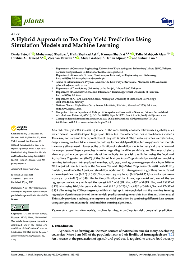 (PDF) A Hybrid Approach to Tea Crop Yield Prediction Using Simulation ...