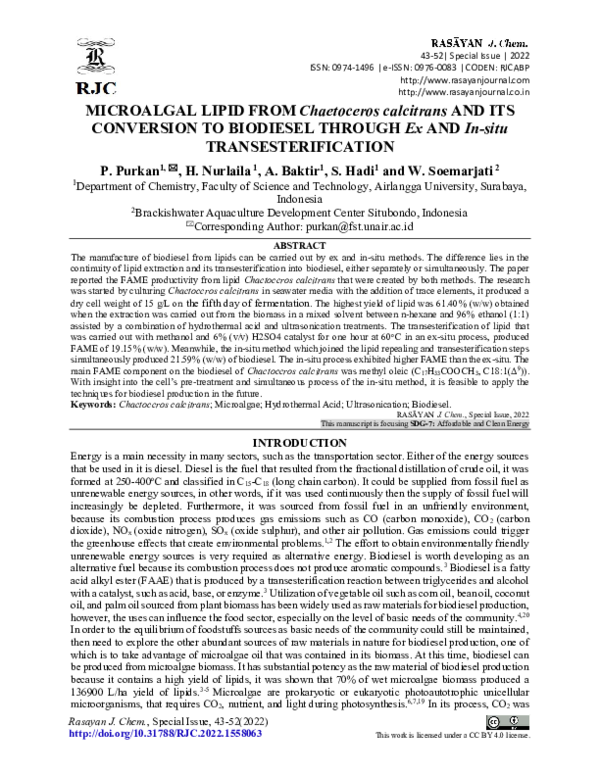 (PDF) MICROALGAL LIPID FROM Chaetoceros calcitrans AND ITS CONVERSION TO BIODIESEL THROUGH Ex ...