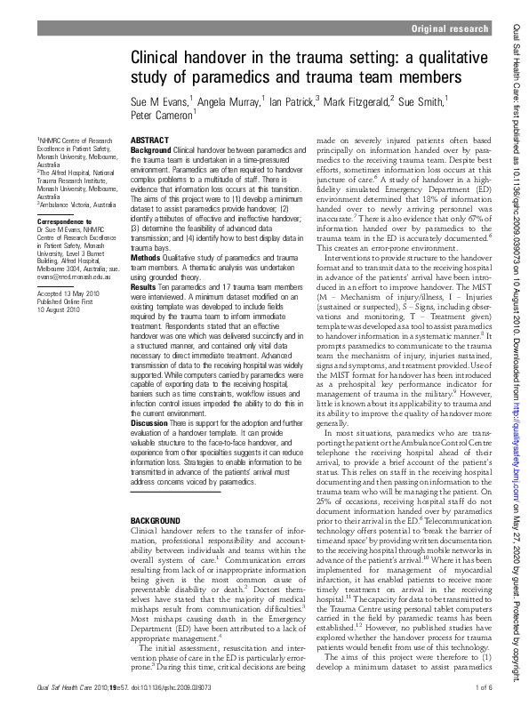 (PDF) Clinical handover in the trauma setting: a qualitative study of paramedics and trauma team ...