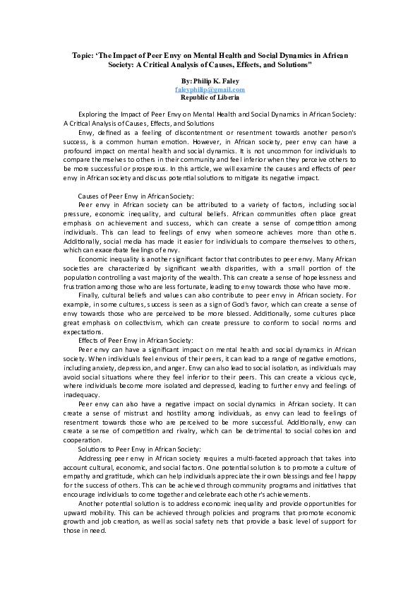 (DOC) Topic: ‘The Impact of Peer Envy on Mental Health and Social ...