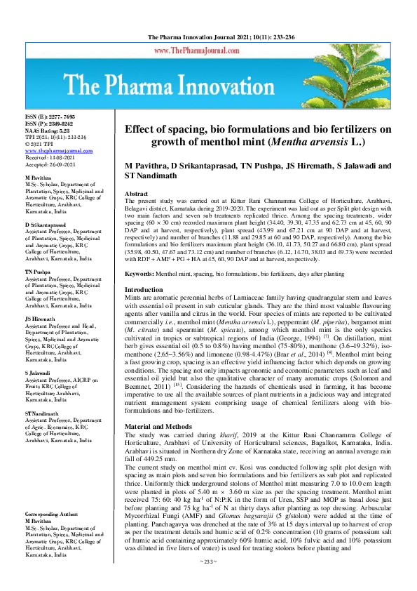(PDF) Effect of spacing, bio formulations and bio fertilizers on growth ...