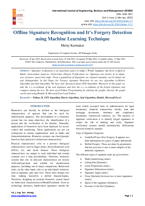 Offline Signature Recognition And Its Forgery Detection Using Machine Learning Technique