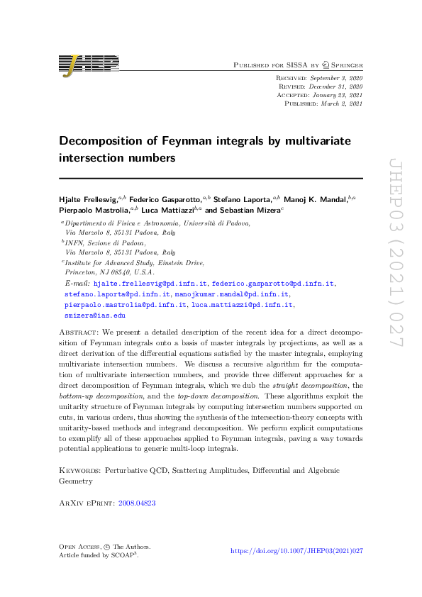 (PDF) Decomposition of Feynman integrals by multivariate intersection numbers