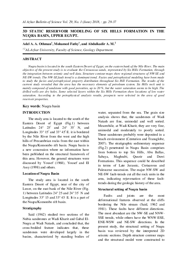 Pdf 3d Static Reservoir Modeling Of Six Hills Formation In The Nuqra