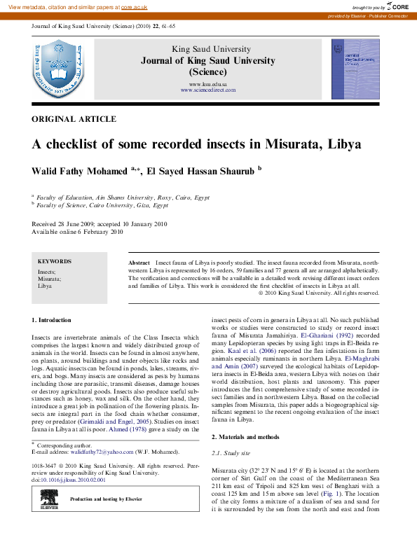(PDF) A checklist of some recorded insects in Misurata, Libya