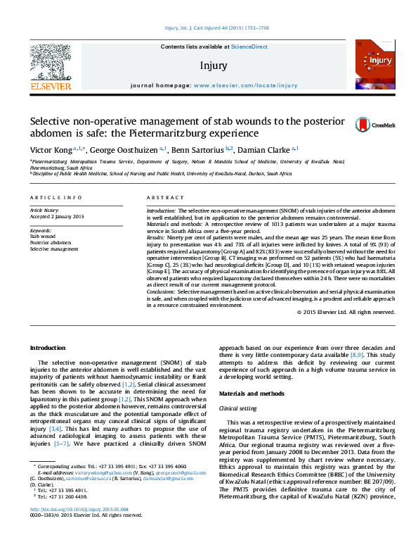 (PDF) Selective non-operative management of stab wounds to the ...