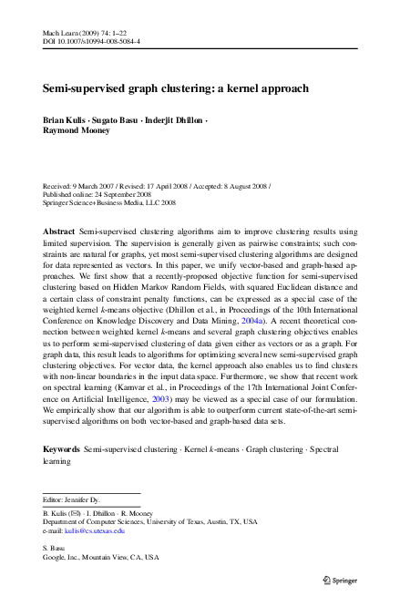 (PDF) Semi-supervised graph clustering: a kernel approach
