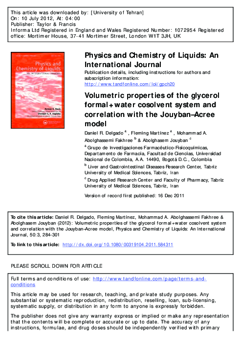 (PDF) Volumetric properties of the glycerol formal + water cosolvent ...
