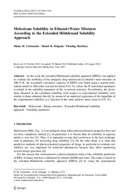 (PDF) Meloxicam Solubility in Ethanol+Water Mixtures According to the ...