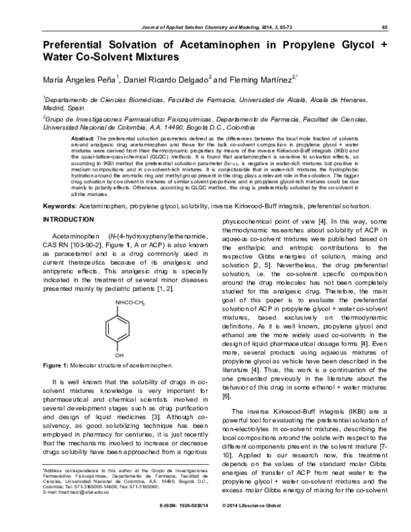 (PDF) Preferential Solvation of Acetaminophen in Propylene Glycol + Water Co-Solvent Mixtures