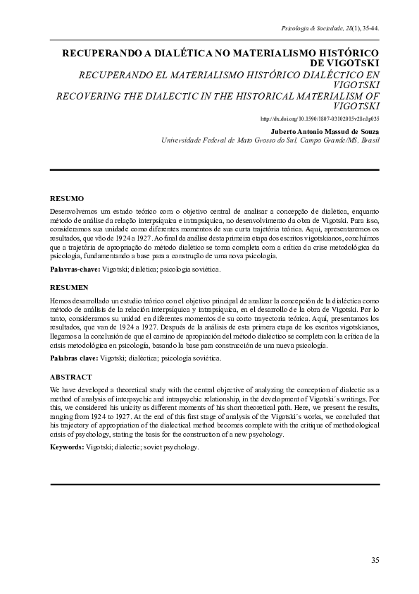 (PDF) Recuperando a Dialética No Materialismo Histórico De Vigotski