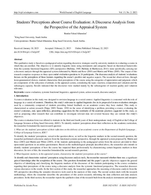 (PDF) Students' Perceptions about Course Evaluation: A Discourse Analysis from the Perspective ...