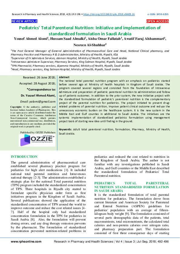 (PDF) Adult’s Total Parenteral Nutrition: Initiative and Implementation of Standardized ...