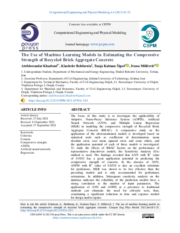 (PDF) The Use of Machine Learning Models in Estimating the Compressive Strength of Recycled ...