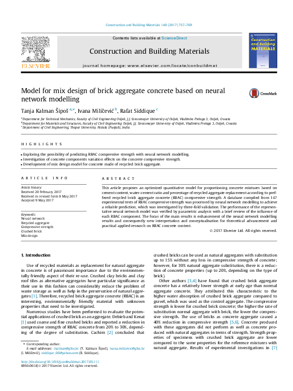 (PDF) Model for mix design of brick aggregate concrete based on neural network modelling