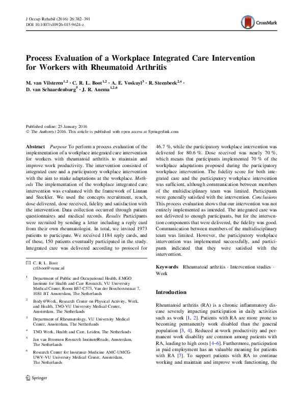 (PDF) Process Evaluation of a Workplace Integrated Care Intervention for Workers with Rheumatoid ...