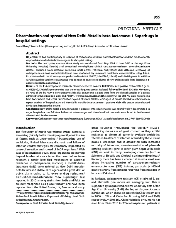 (PDF) Dissemination and spread of New Delhi Metallo-beta-lactamase-1 ...