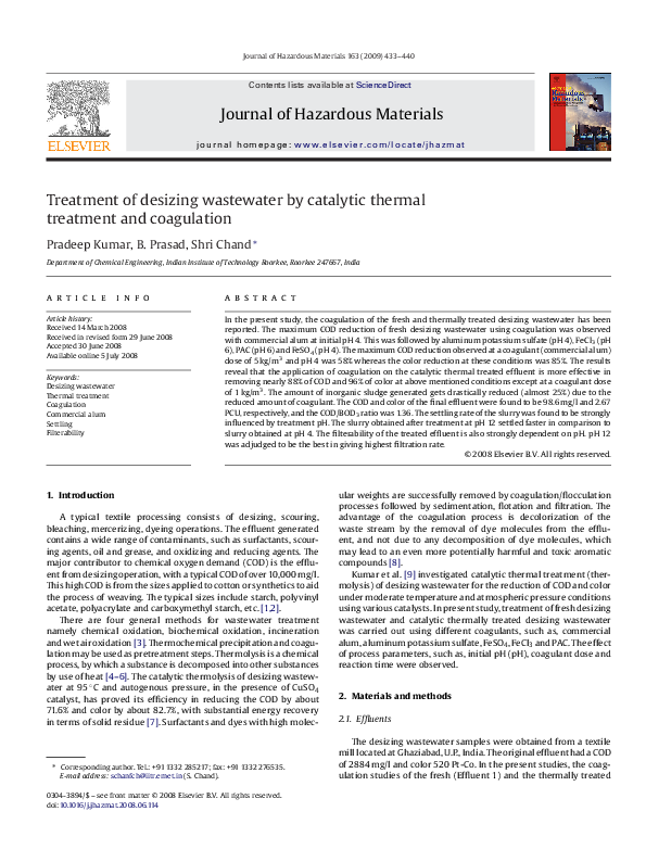 (PDF) Treatment of desizing wastewater by catalytic thermal treatment and coagulation
