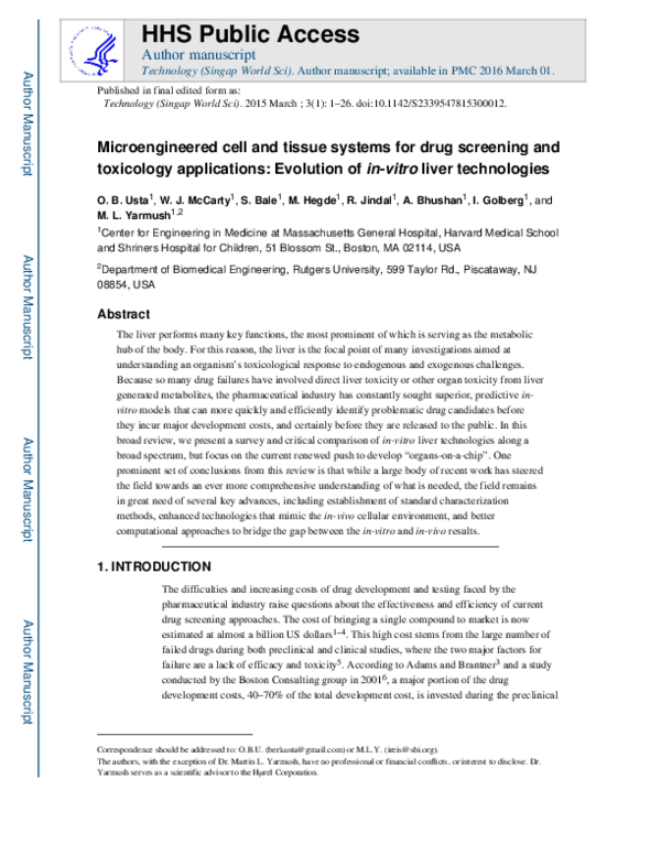 (PDF) Microengineered cell and tissue systems for drug screening and toxicology applications ...
