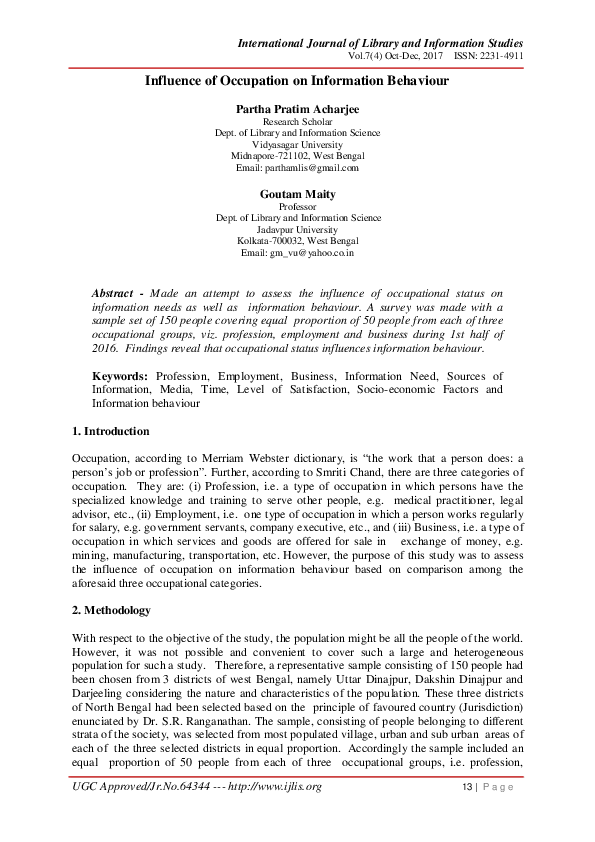 (PDF) Influence of Occupation on Information Behaviour