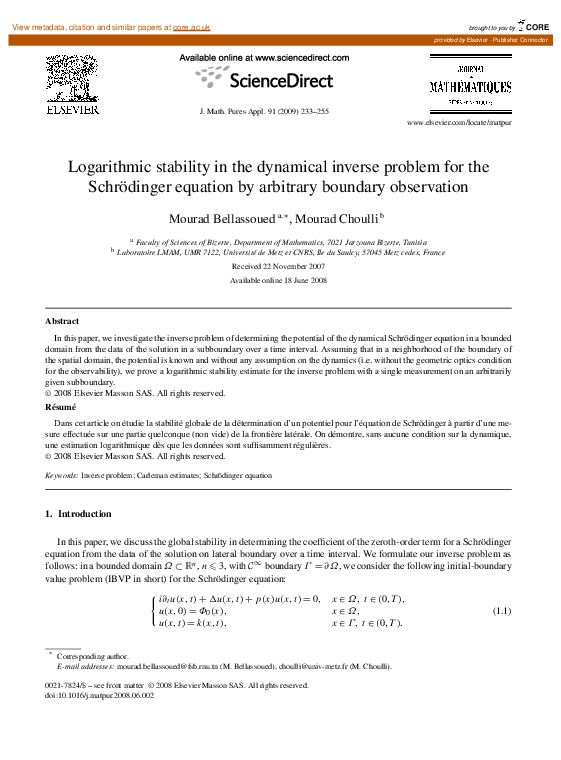 (PDF) Logarithmic stability in the dynamical inverse problem for the Schrödinger equation by ...
