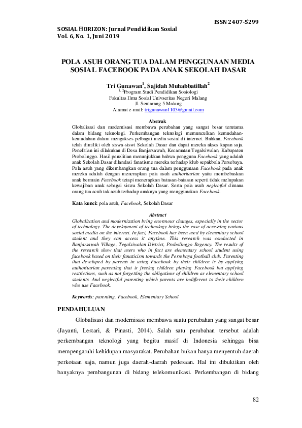 (PDF) Pola Asuh Orang Tua Dalam Penggunaan Media Sosial Facebook Pada Anak Sekolah Dasar